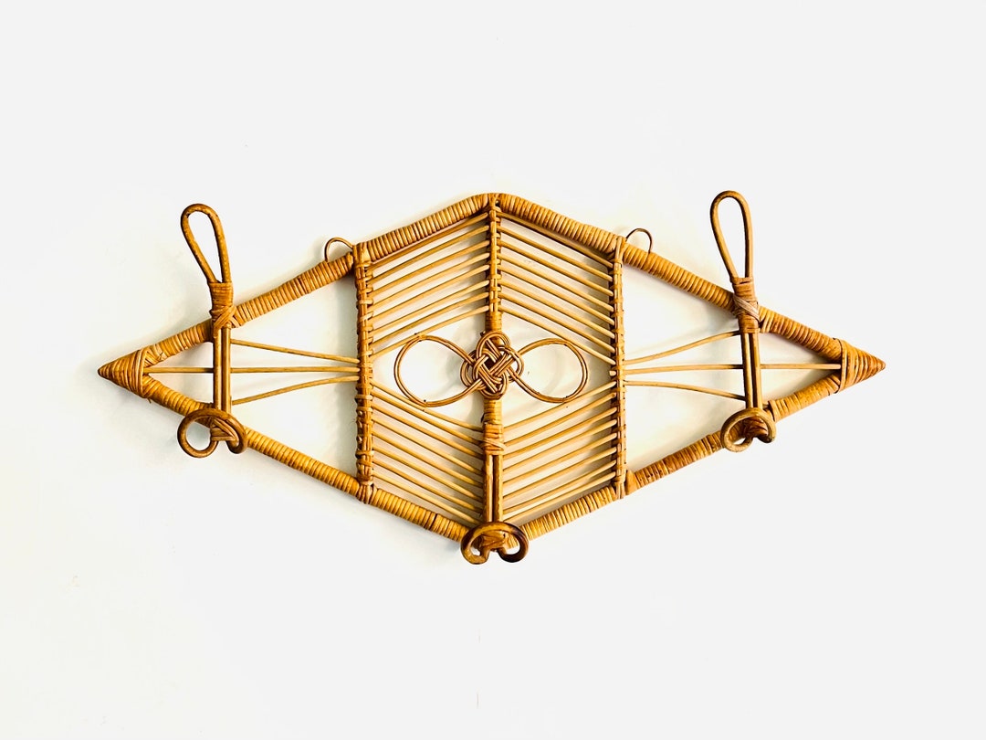 Vintage Rattan Coat Rack 5 Arms Wicker Wall Hook Coat Scarf Hat Towel ...