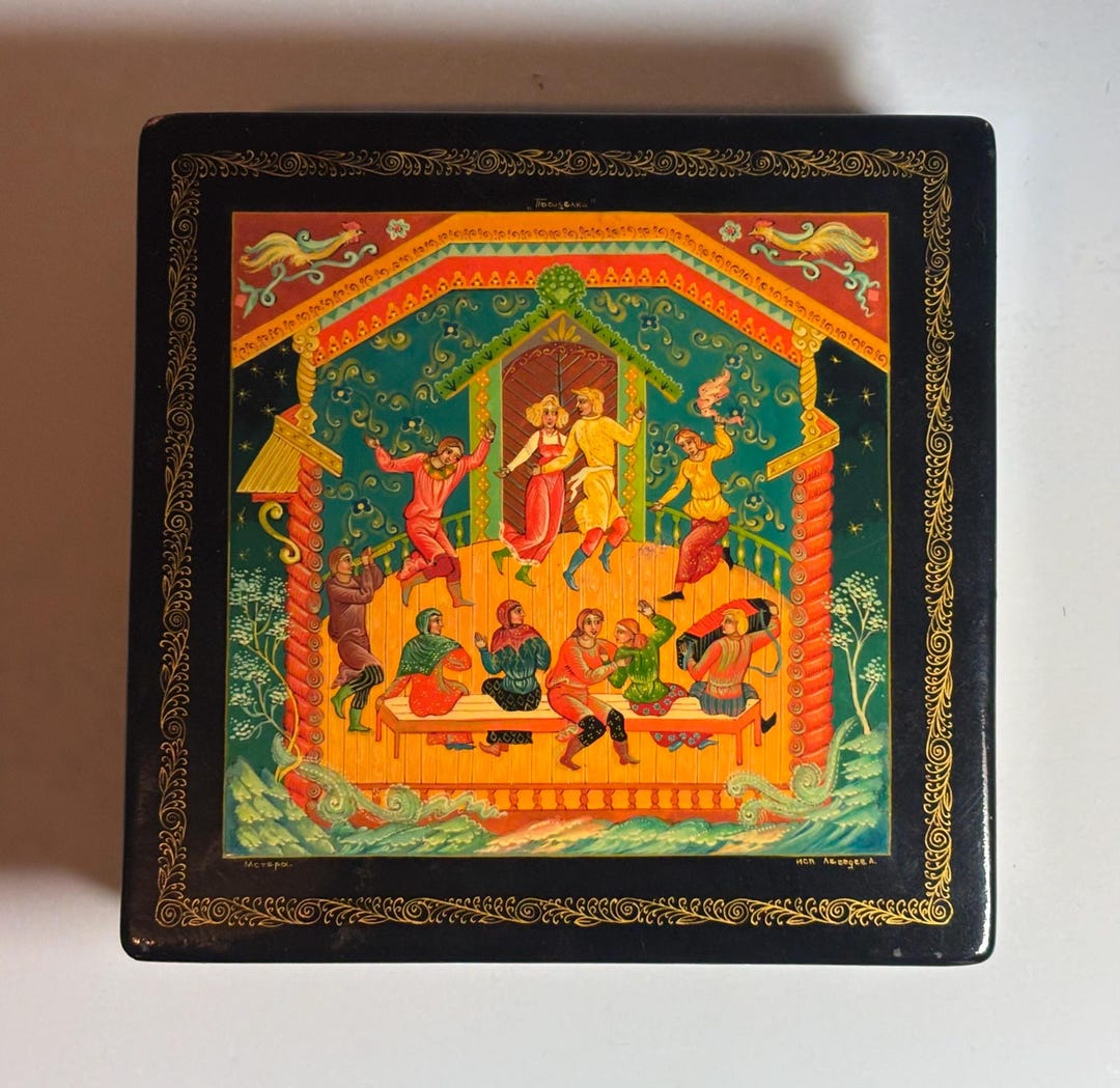 Vintage Kholuy Russian Lacquer Box, "fisherman and Golden Fish" Signed ...
