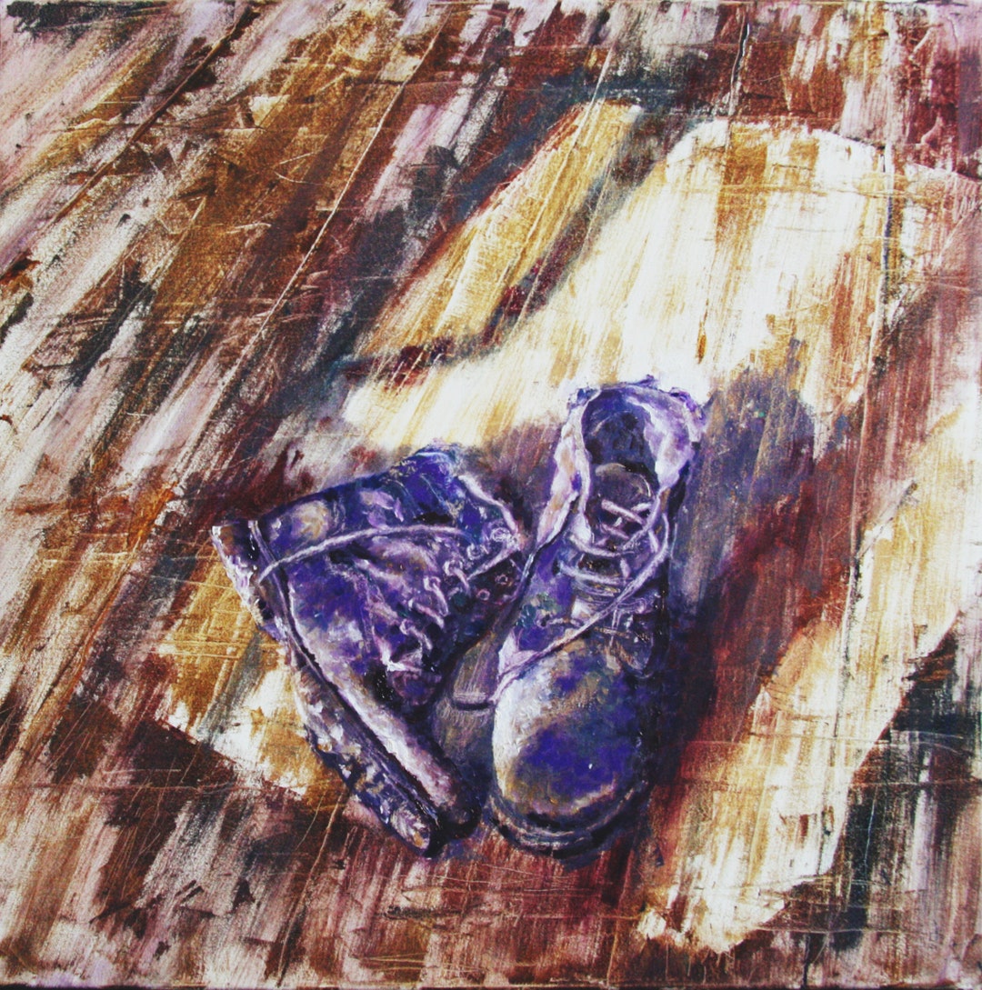 Men's Vintage Boots Painting Original Wall Art Combat Boots Artwork ...