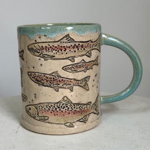 Gone Fishing Mug- Handmade Pottery Fishing Art, Rainbow Trout Art, Worm ...