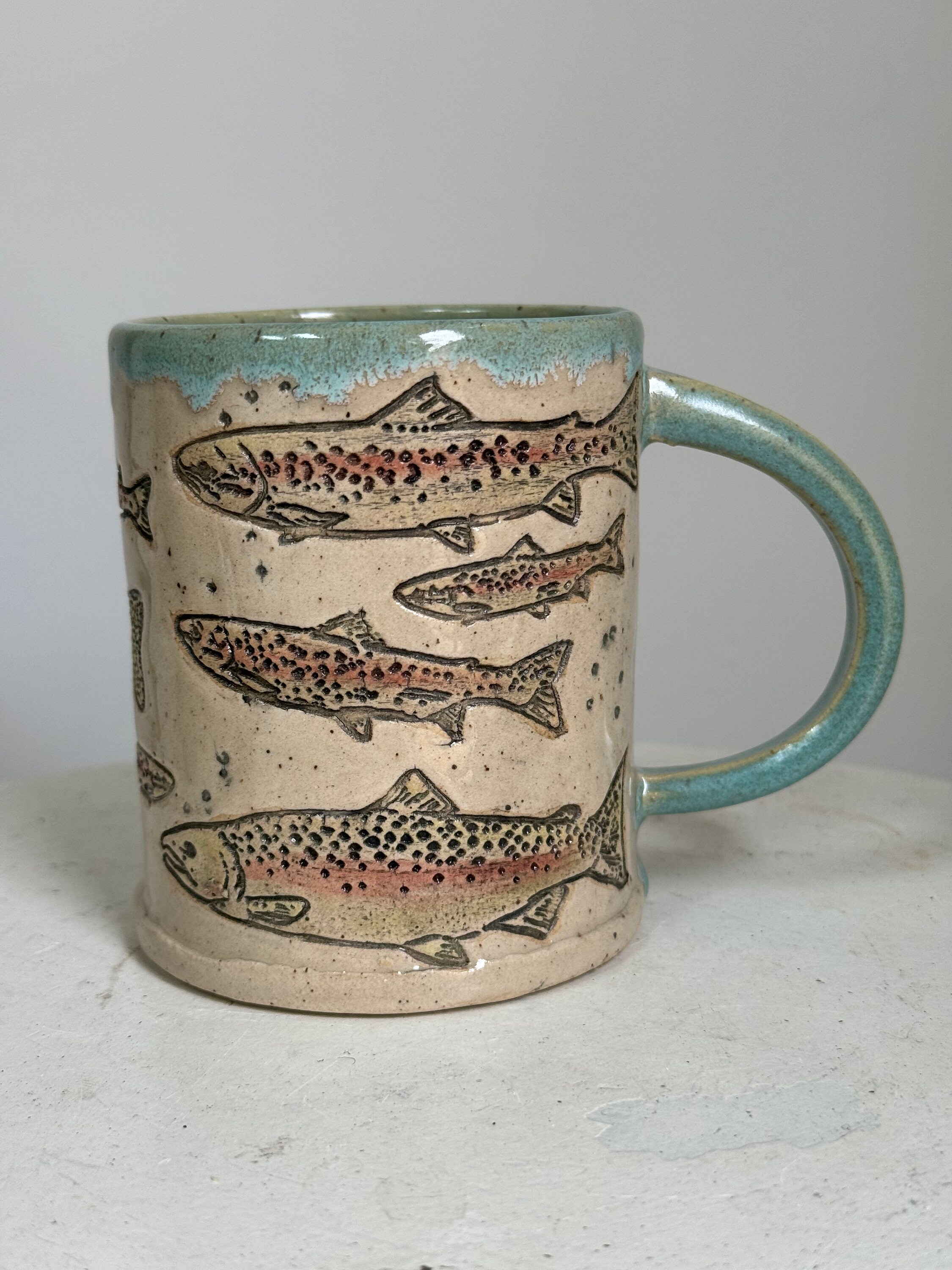 Gone Fishing Mug- Handmade Pottery Fishing Art, Rainbow Trout Art, Worm ...