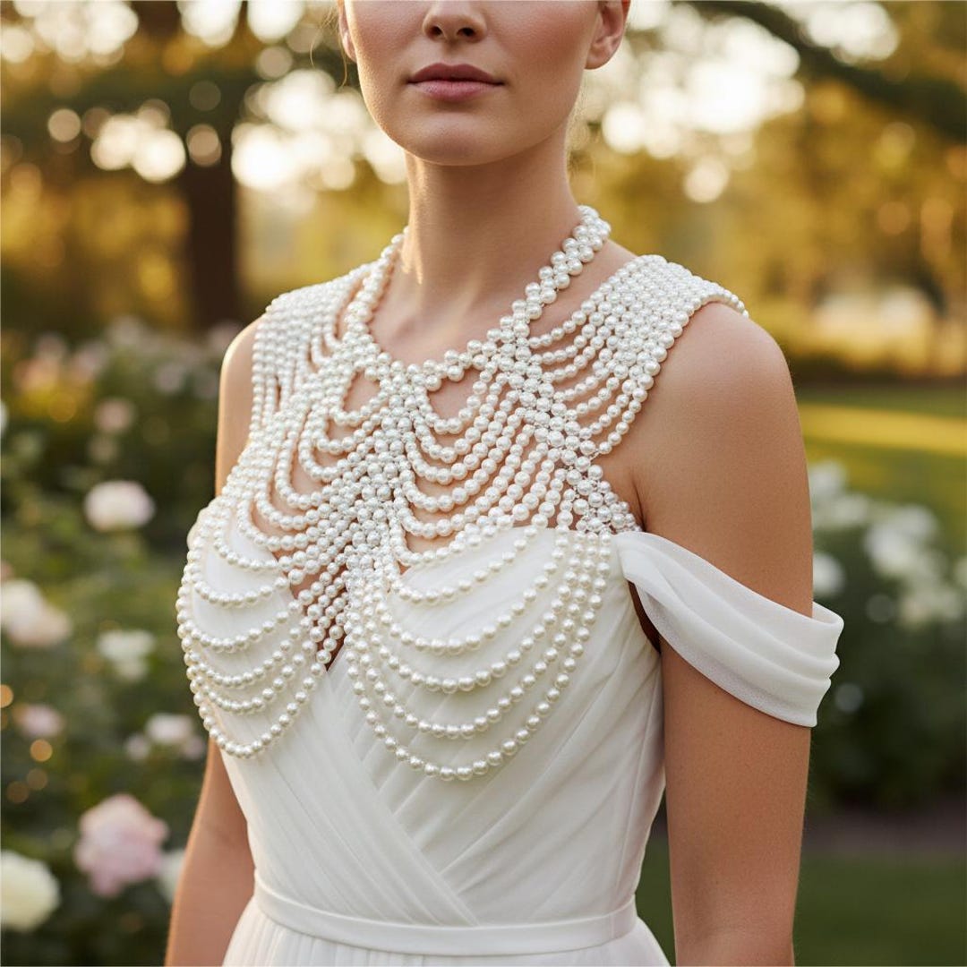Pearl Cape Bridal Shawl, Wedding Beaded Overlay Top, Bridal Body Chain ...