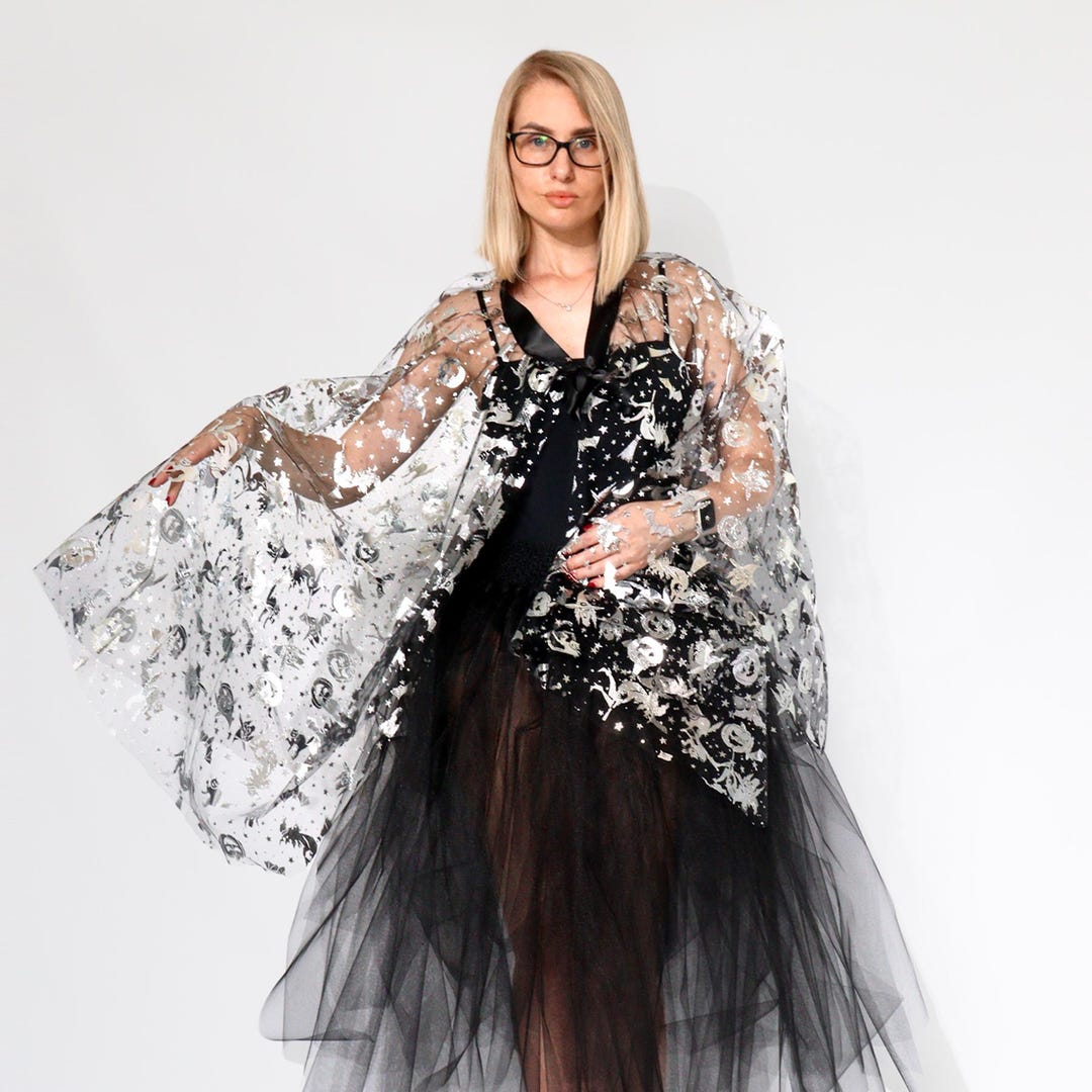 Shimmering Halloween Witch Cape: Silver Foil Ghosts, Pumpkins, Stars - Etsy