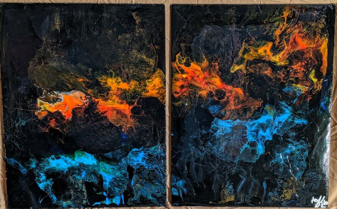 Abstract Painting, Creeping Flames Dyptic Acrylic Pour Painting - Etsy