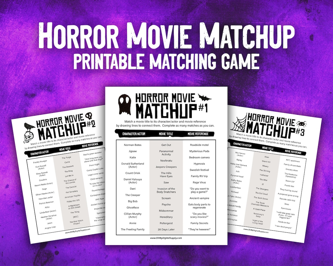 Horror Movie Matchup Printable Halloween Matching Game, Horror Film ...