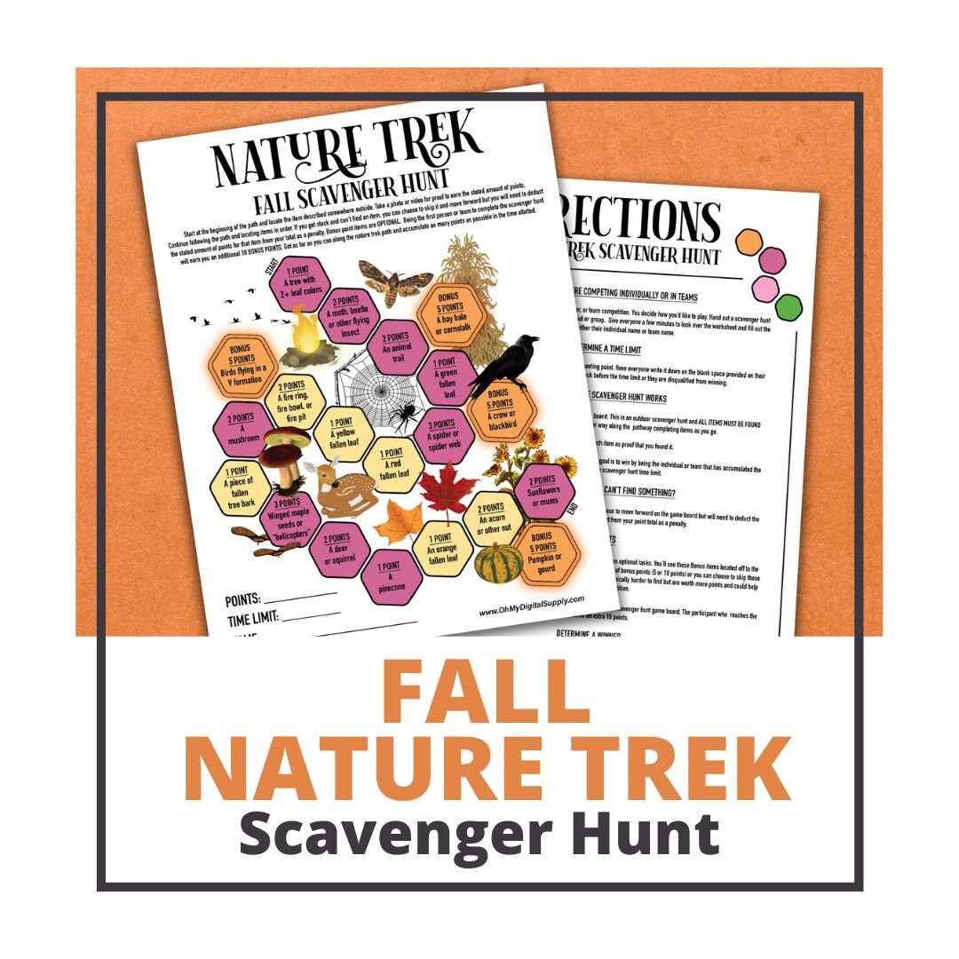 Nature Trek Outdoor Fall Scavenger Hunt Printable Activity, Competitive ...
