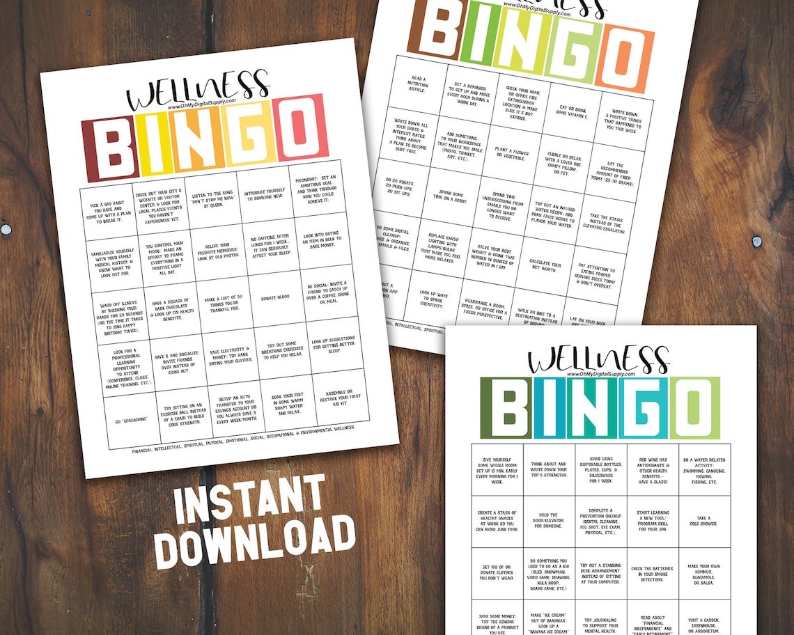 Health & Wellness BINGO Challenge Printable Activity Wellness BINGO Cards Monthly Health ...