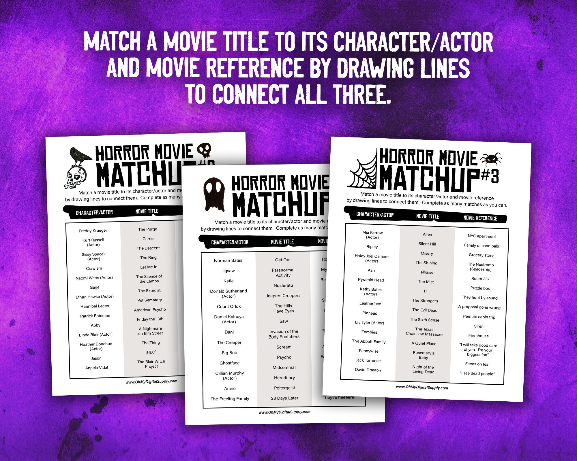 Horror Movie Matchup, Printable Halloween Matching Game & Film Trivia ...