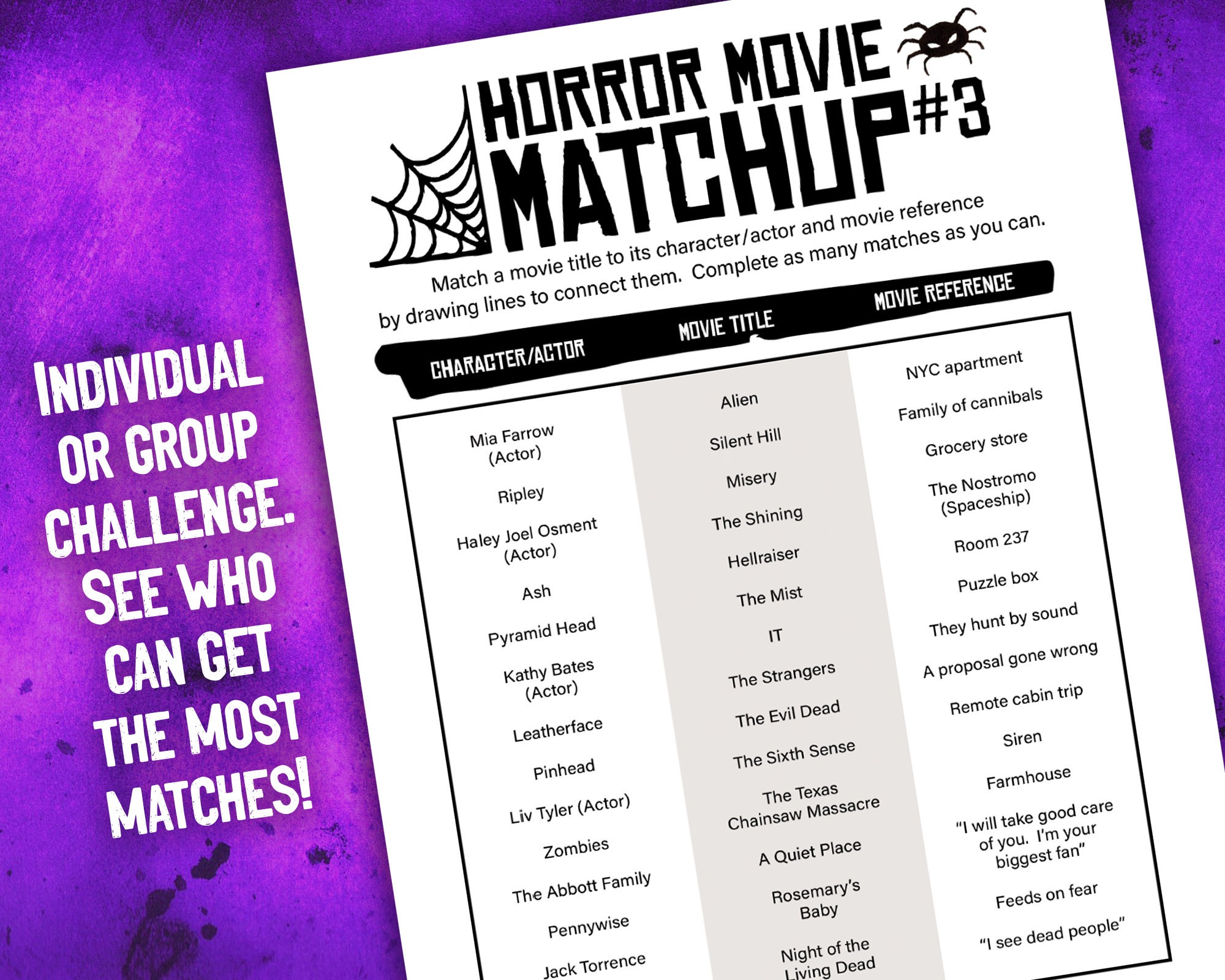 Horror Movie Matchup Printable Halloween Matching Game, Horror Film ...