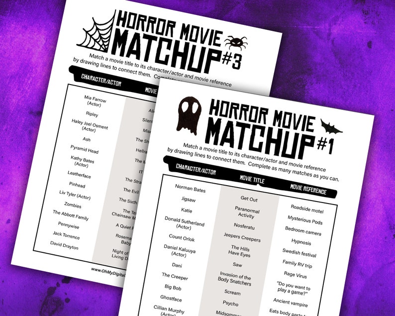 Horror Movie Matchup, Printable Halloween Matching Game & Film Trivia Challenge - Etsy