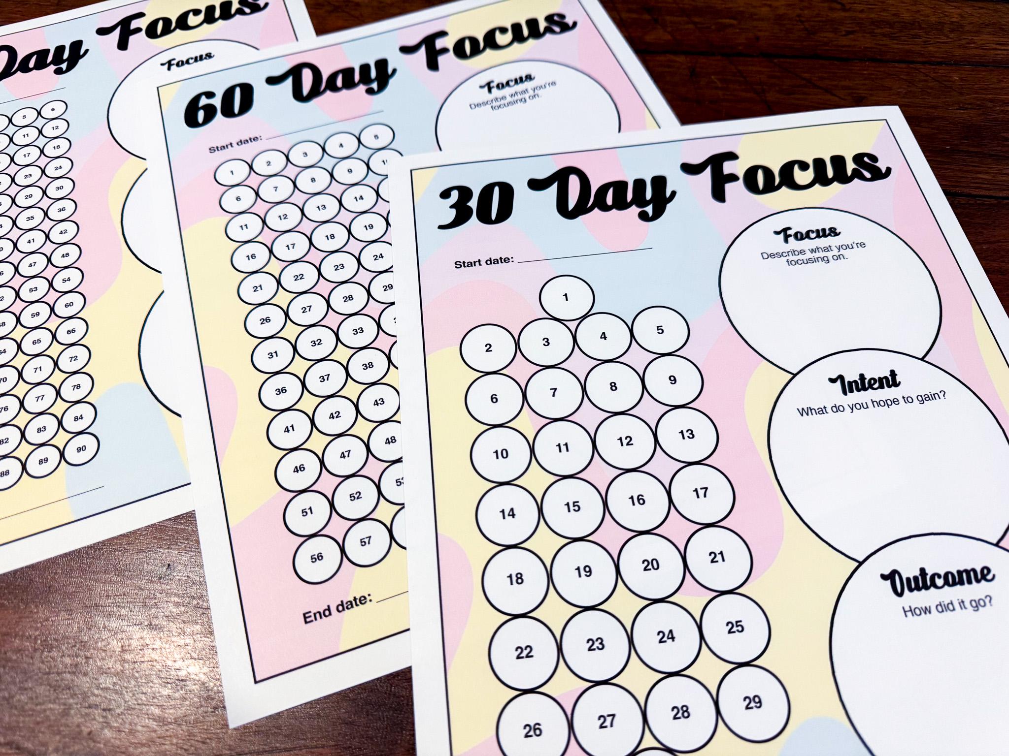 30, 60, 90 Day Focus Daily Tracker Printable for Personal Goals, Habits ...