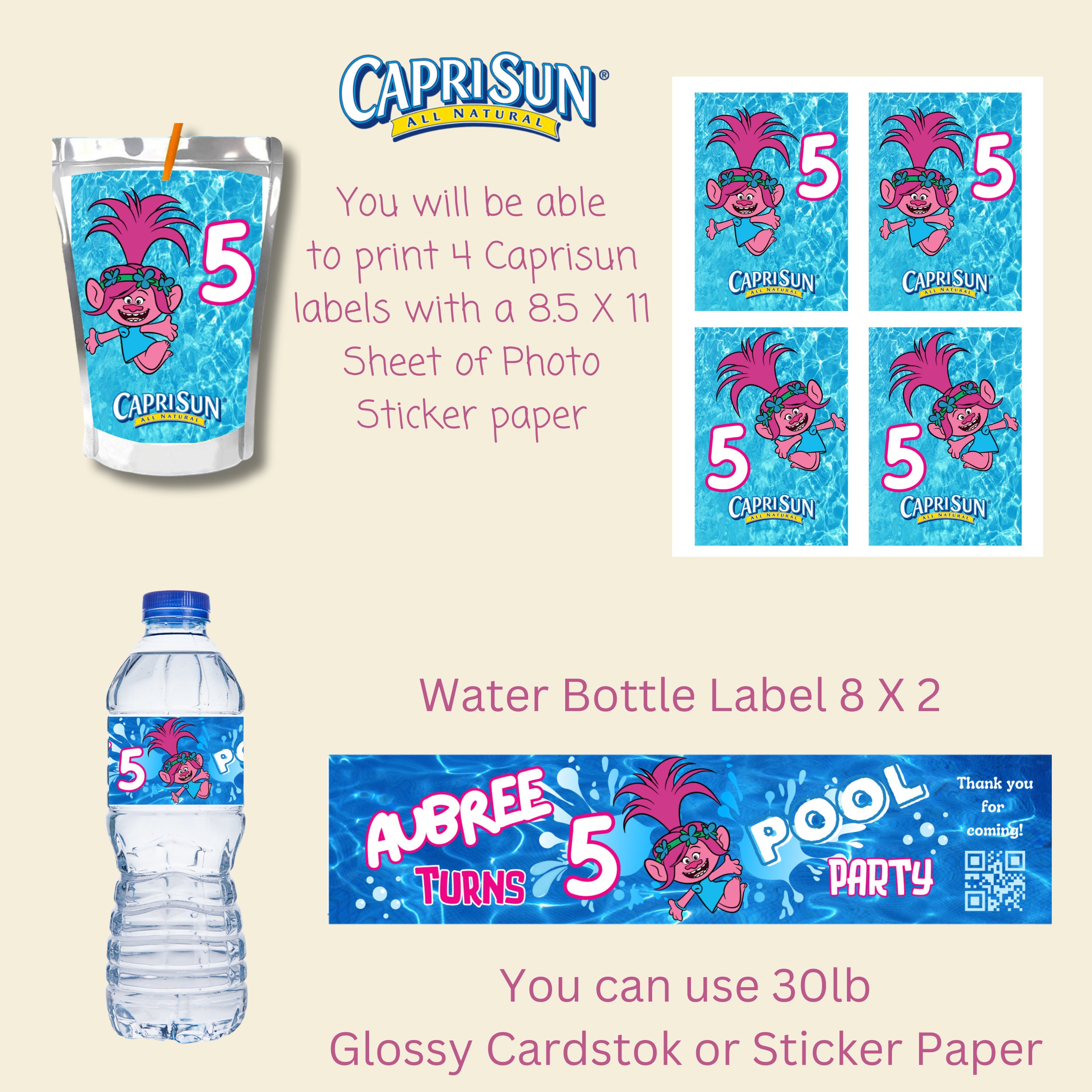 Trolls Theme Pool Party Party Favor Bundle Editable Canva Templates ...