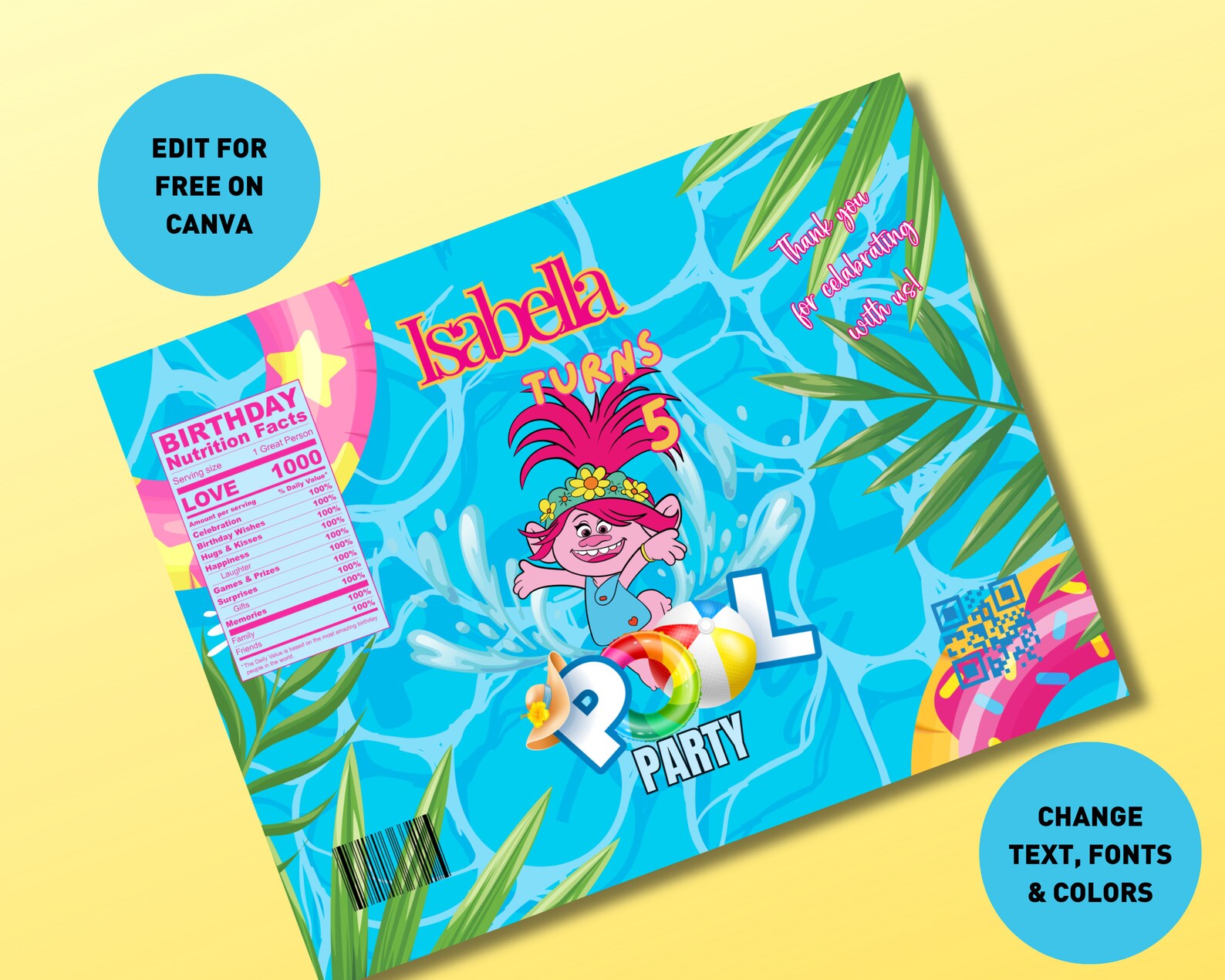 Editable Trolls Theme Poppy Pool Party Chip Bags, Printable Chip Bags ...