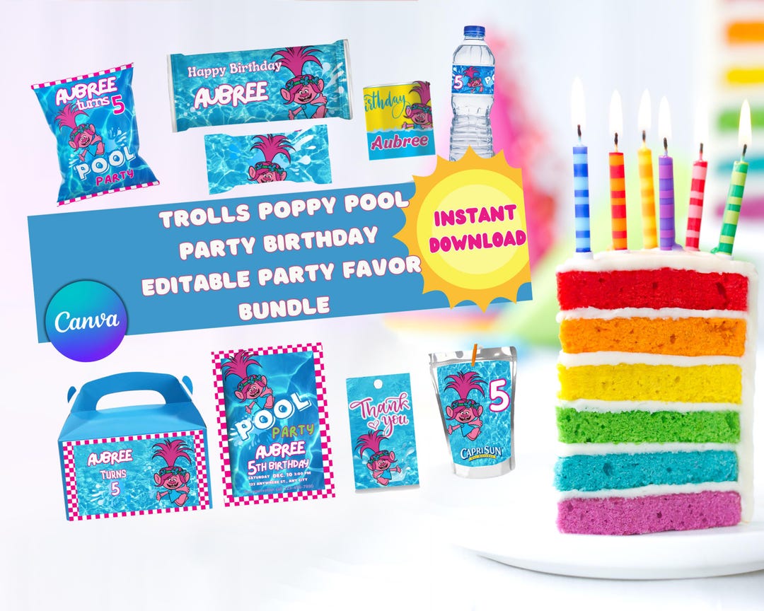 Trolls Theme Pool Party Party Favor Bundle Editable Canva Templates ...
