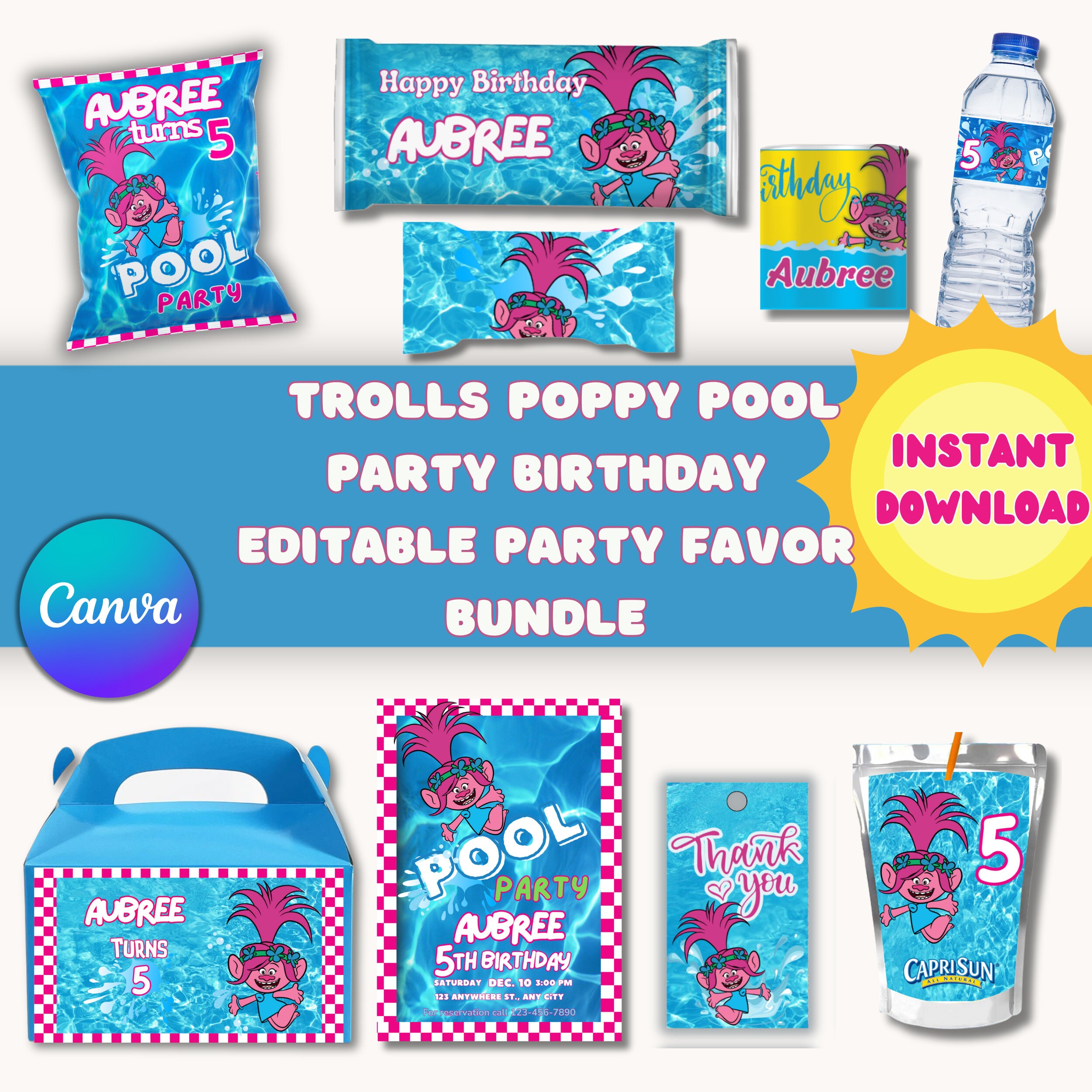 Trolls Theme Pool Party Party Favor Bundle Editable Canva Templates ...