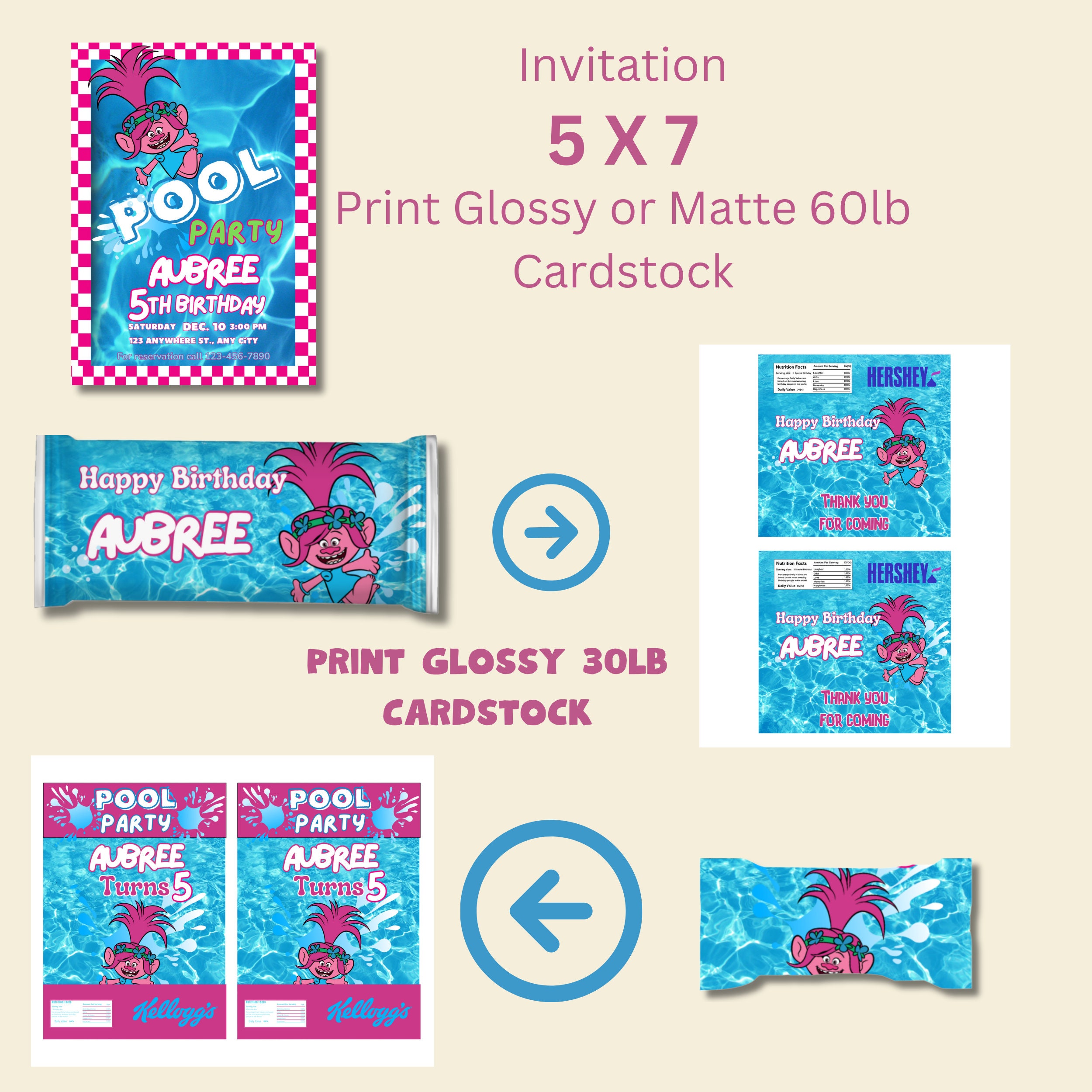 Trolls Theme Pool Party Party Favor Bundle Editable Canva Templates ...