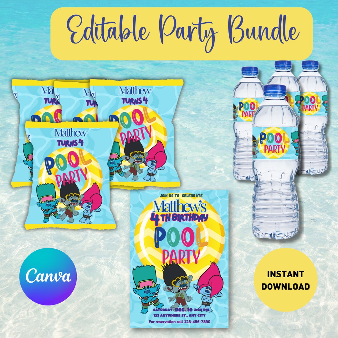 Editable Trolls Branch Pool Party Bundle, Printable Party Favor Package ...