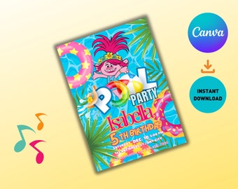 Trolls Poppy Pool Party Invitation, Trolls Birthday Invitation ...