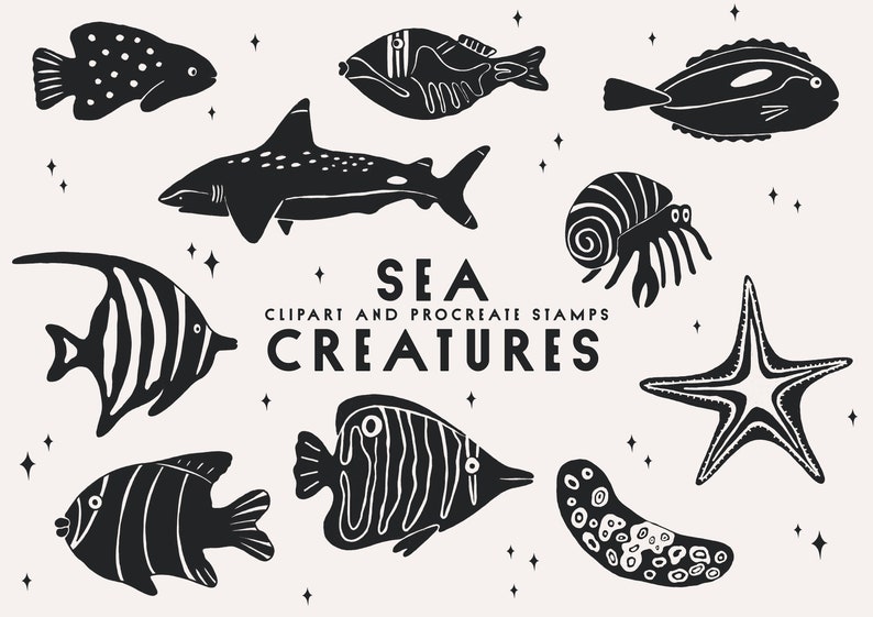 Sea Creatures Clipart and Procreate Stamps Fish Clip Art - Etsy