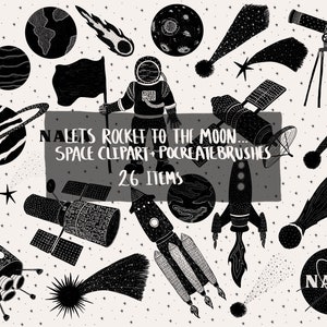 Space Clipart, Procreate Stamps, Moon, Rocket, Spaceman, Hubble ...