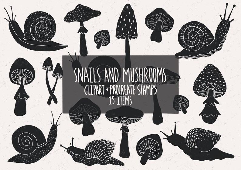 Snails and Mushrooms Clipart, Woodland Procreate Stamps, Mushroom ...