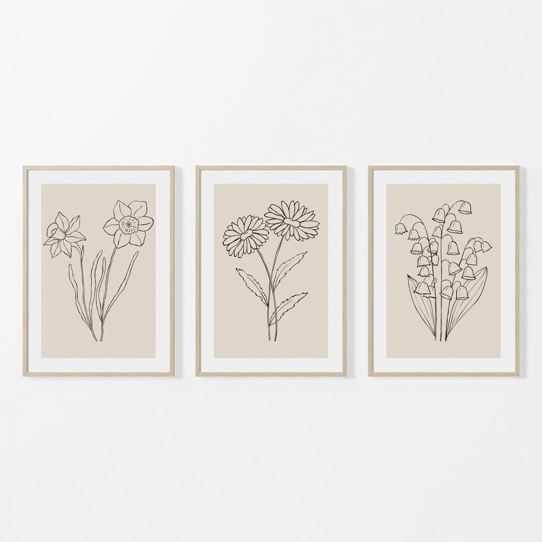 Spring Flower Prints, Set of 3 Neutral Floral Art Prints, Daffodil ...