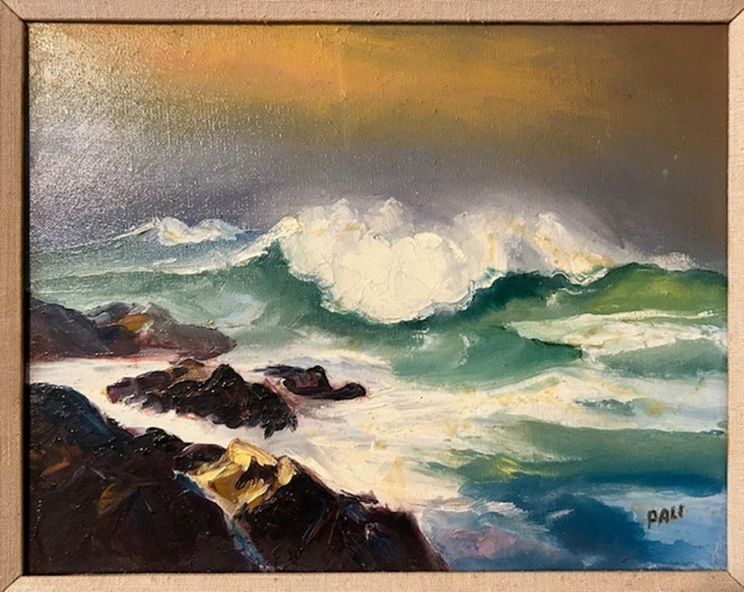 60's Nazaré Roaring Surf Oil Painting by Hawaiian Artist "pau" in Tiki ...
