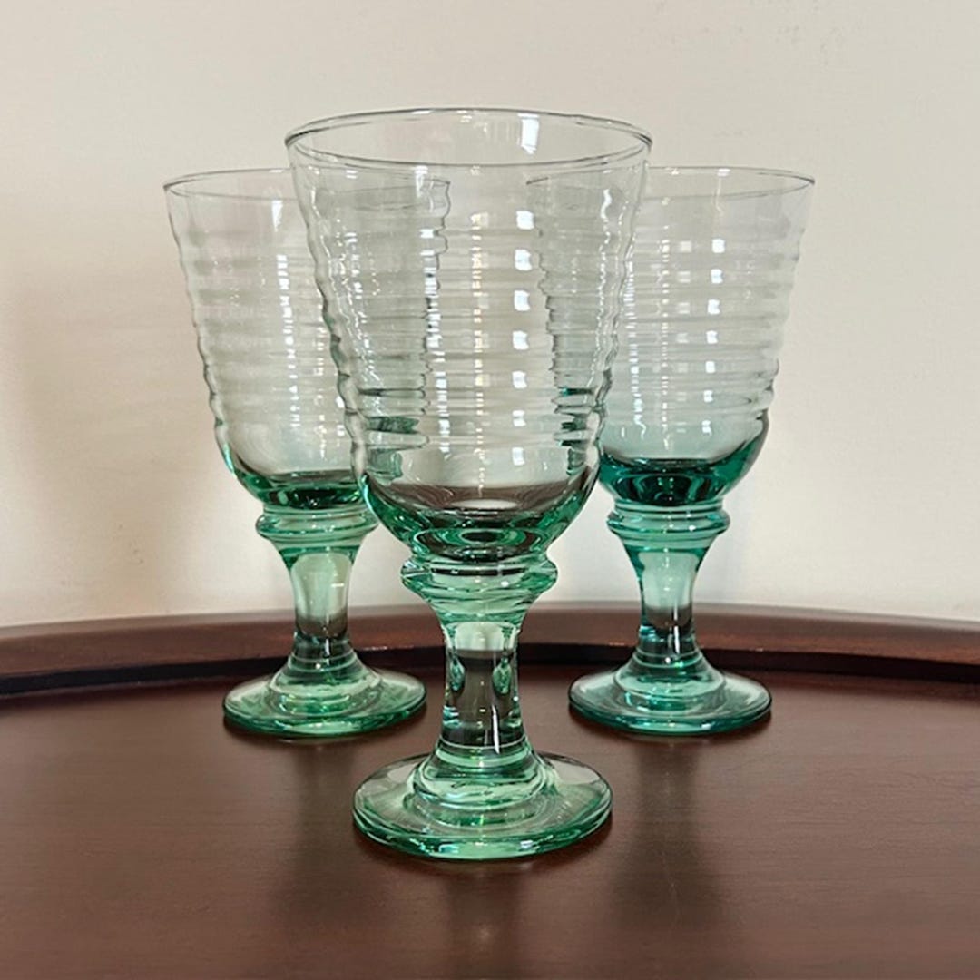 Set of 3 Libbey Glass Sirrus Spanish Green Ribbed Water Goblets, Cold ...