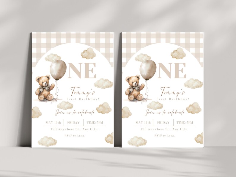 Boys 1st Birthday Bear Invitation | Editable First Birthday Party ...