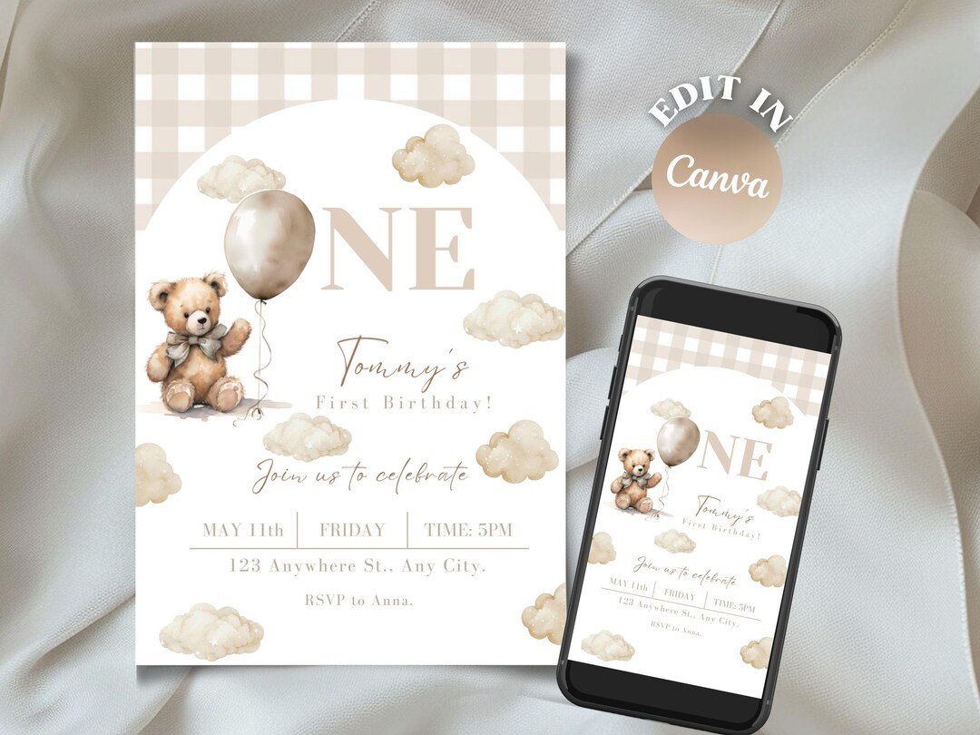 Boys 1st Birthday Bear Invitation | Editable First Birthday Party ...