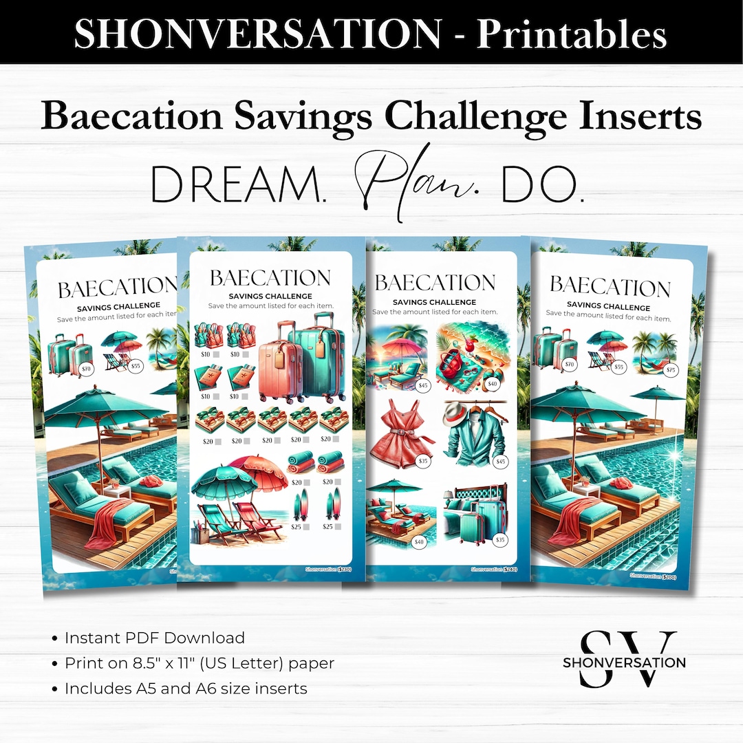 Printable A6 A5 Baecation Vacation Travel Savings Challenges, 4 Sizes ...