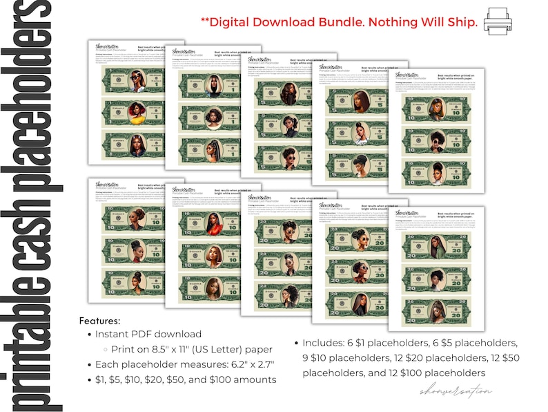 Printable Cash Placeholder Bills, Cash Stuffing Prop Placeholder Money ...