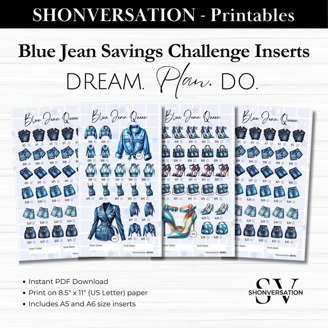 Printable A6 A5 Blue Jean Queen Fashion Savings Challenges, 4 Sizes, 6 ...