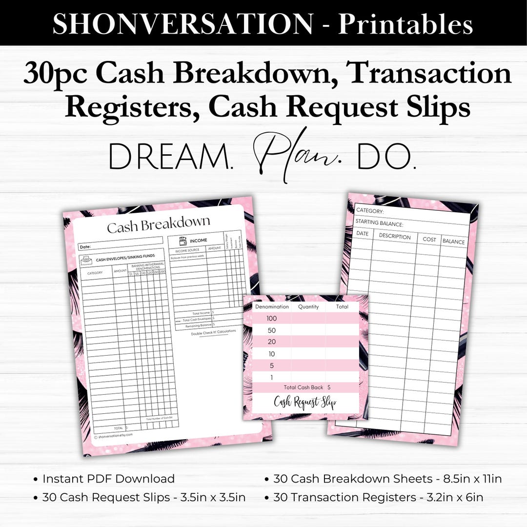 Printable 30pc Cash Breakdown, Transaction Register, and Bank ...