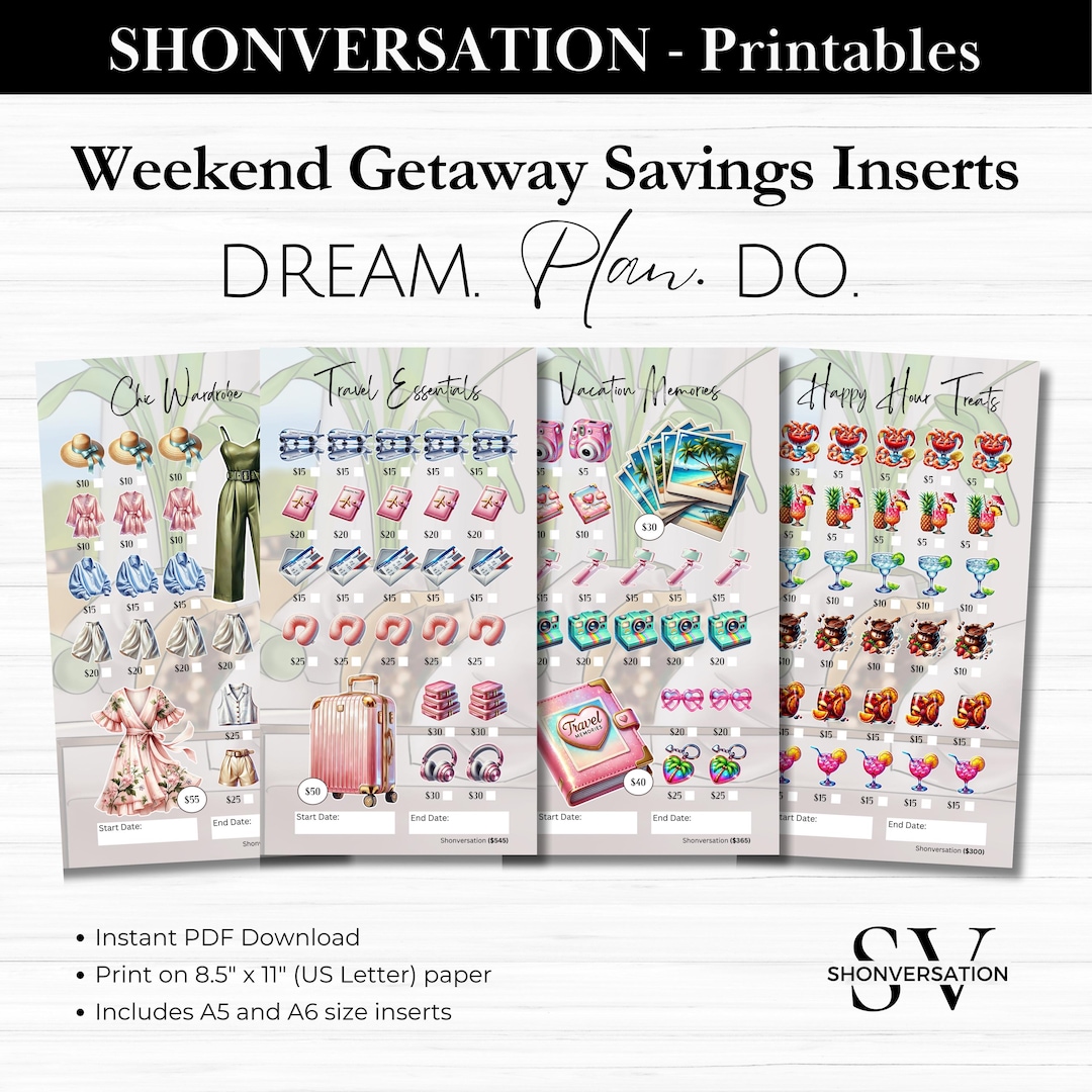 Printable A6 A5 Weekend Getaway Vacation Savings Challenges, 4 Sizes, 6 ...