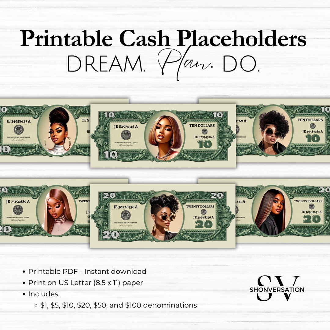 Printable Cash Placeholder Bills, Cash Stuffing Prop Placeholder Money ...