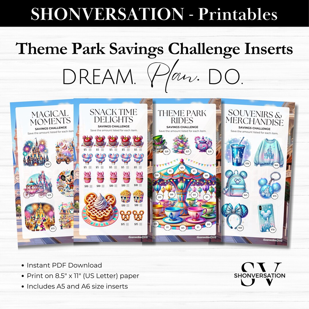 Printable A6 A5 Theme Park Savings Challenges, 4 Sizes, 6-ring Binders ...