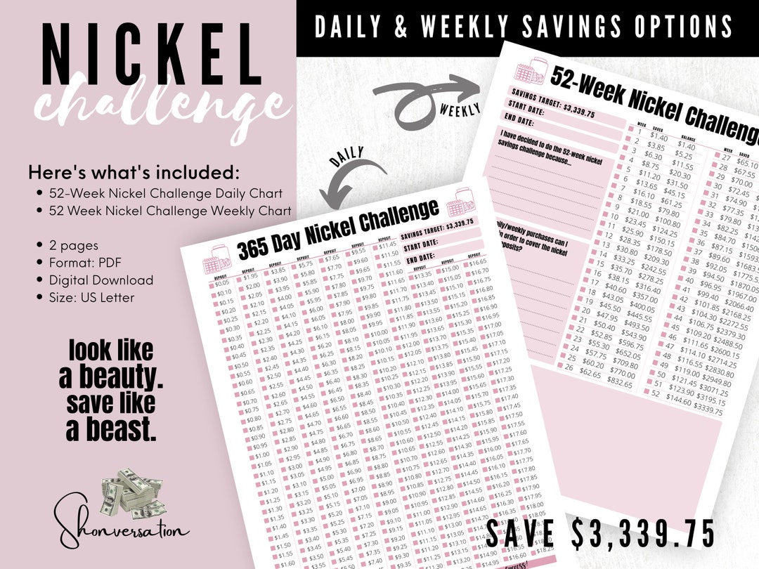 365 Day Nickel Savings Challenge, 52 Week 1 Year Money Challenge With ...