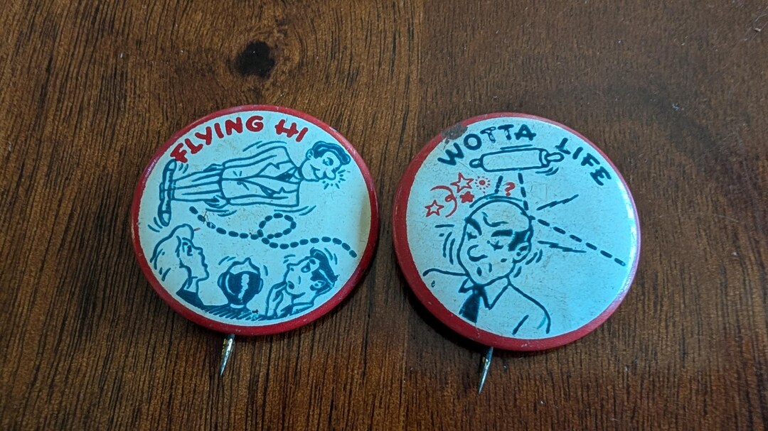 Two 1940's Wotta Life & Flying Hi Illustrated Novelty Humor TIN LITHO ...