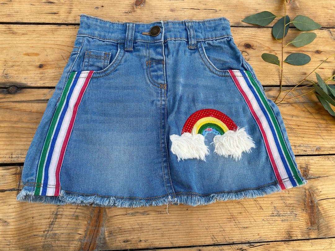 Age 3-4 Children's Kid's Denim Skirt Clothes Upcycled Handmade Rainbow ...