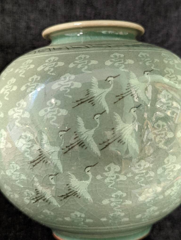 Handmade Celadon Korean Ceramic Moon Pot With Inlaid Design Clouds With ...