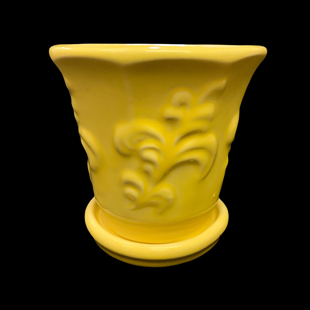 U.S.A Bright Yellow Planter - Yellow Ceramic Pot With Attached Saucer ...