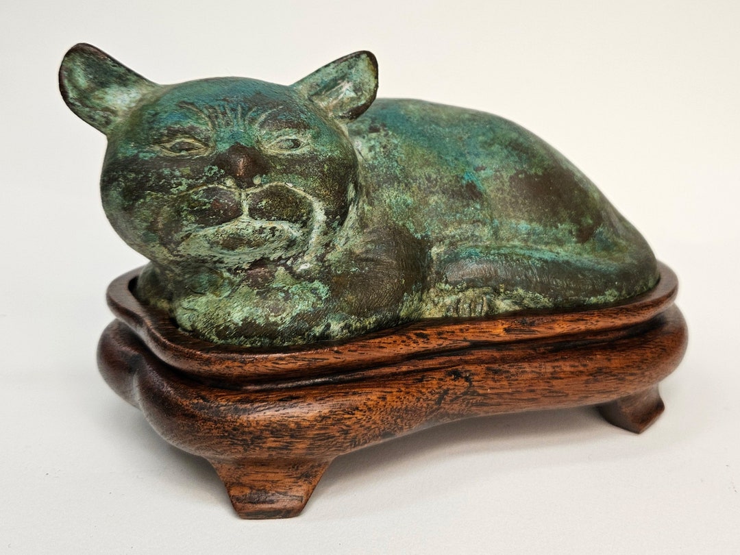 Bronze Cat Statue - Chinese Bronze Cat on Original Natural Mahogany ...