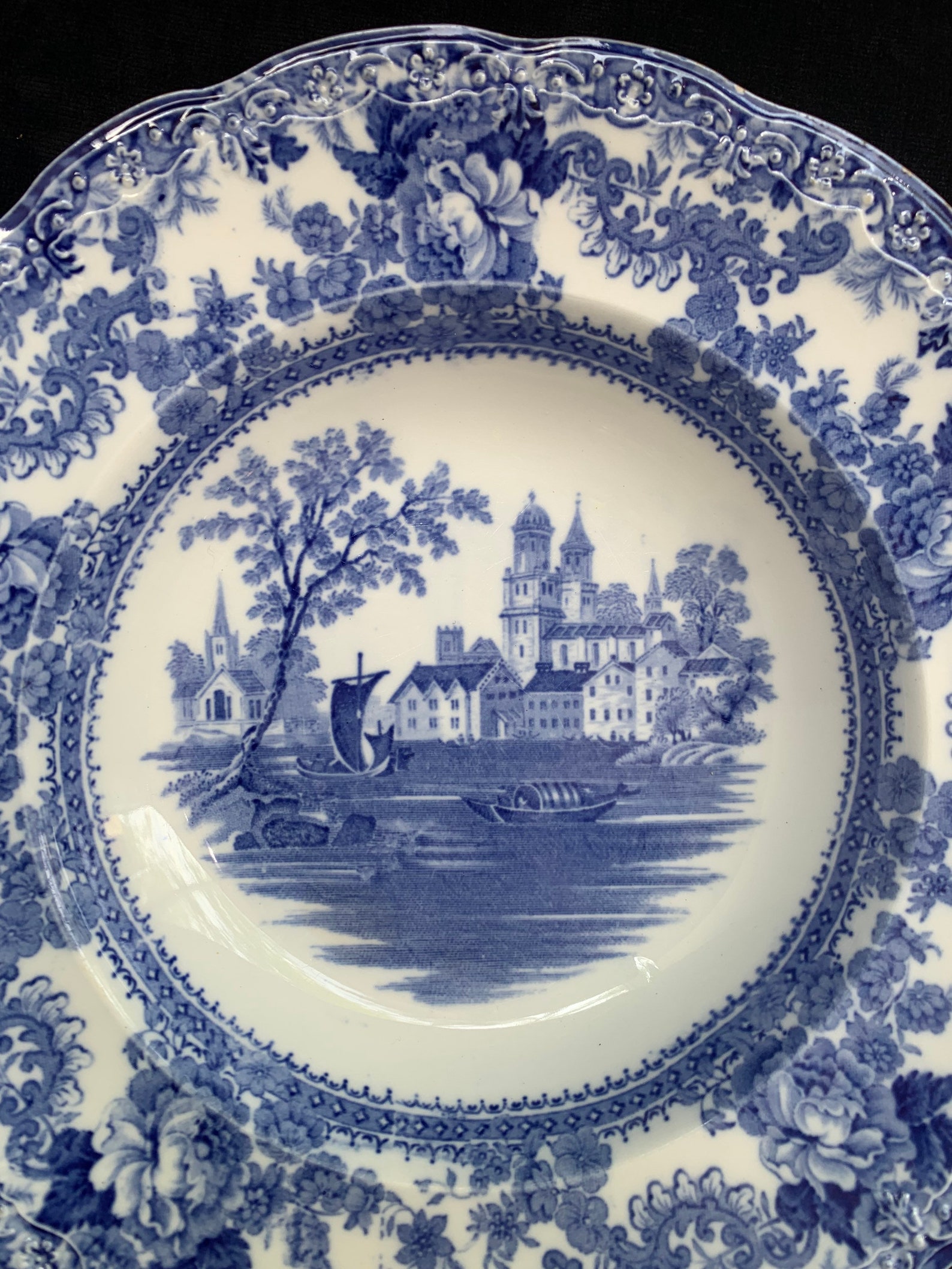Colonial Pottery F. Winkle Togo, Blue Pictoral Transferware Soup Bowl ...