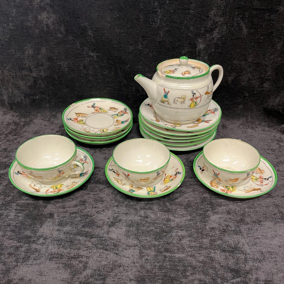 Children's Tea Set - Native American Pattern Teapot, 6 Plates- 3 Cups ...