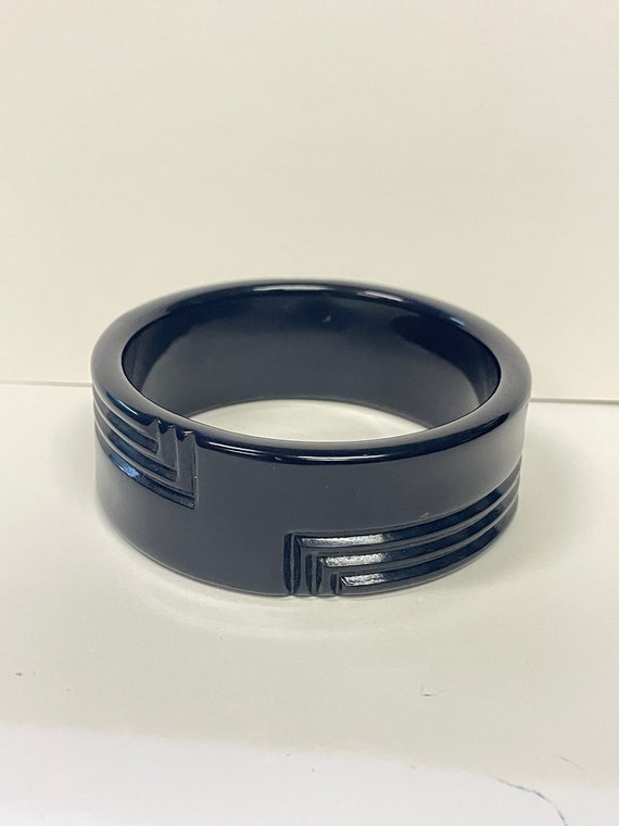 Wide Black Plastic Mid Century Modern Bangle Bracelet - Gem