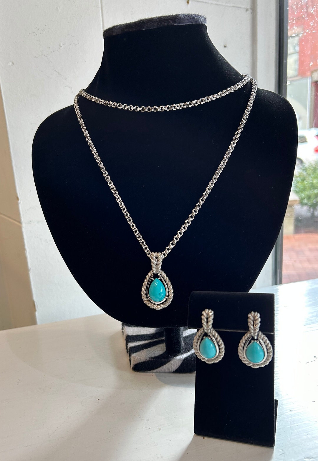 AVON Turquoise and Silver Necklace and Clip on Earrings Set 3 Piece Set ...