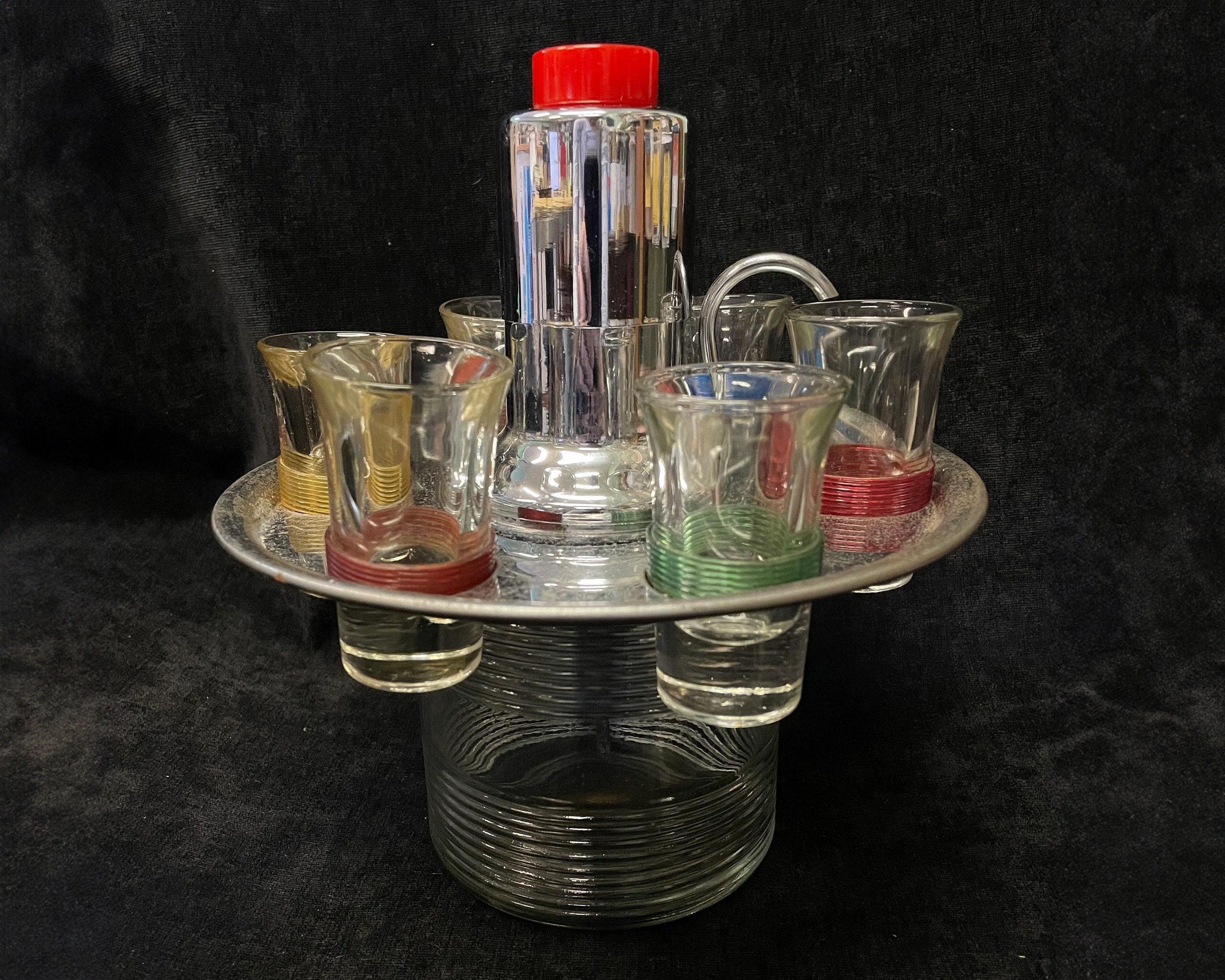 Chrome Liquor Pump Dispenser With Carousel Tray and 6 Colorful Tall ...