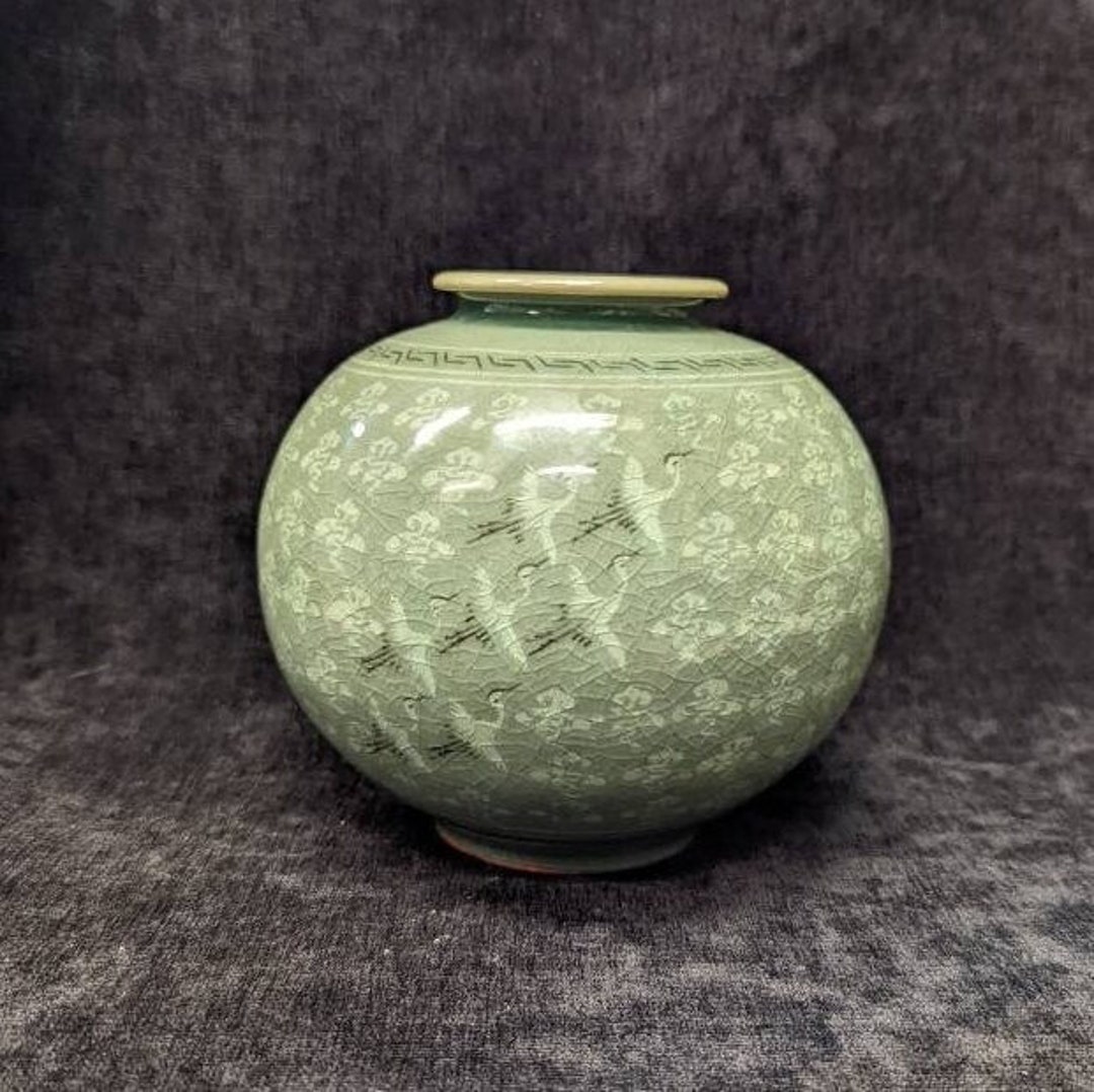 Handmade Celadon Korean Ceramic Moon Pot With Inlaid Design Clouds With ...