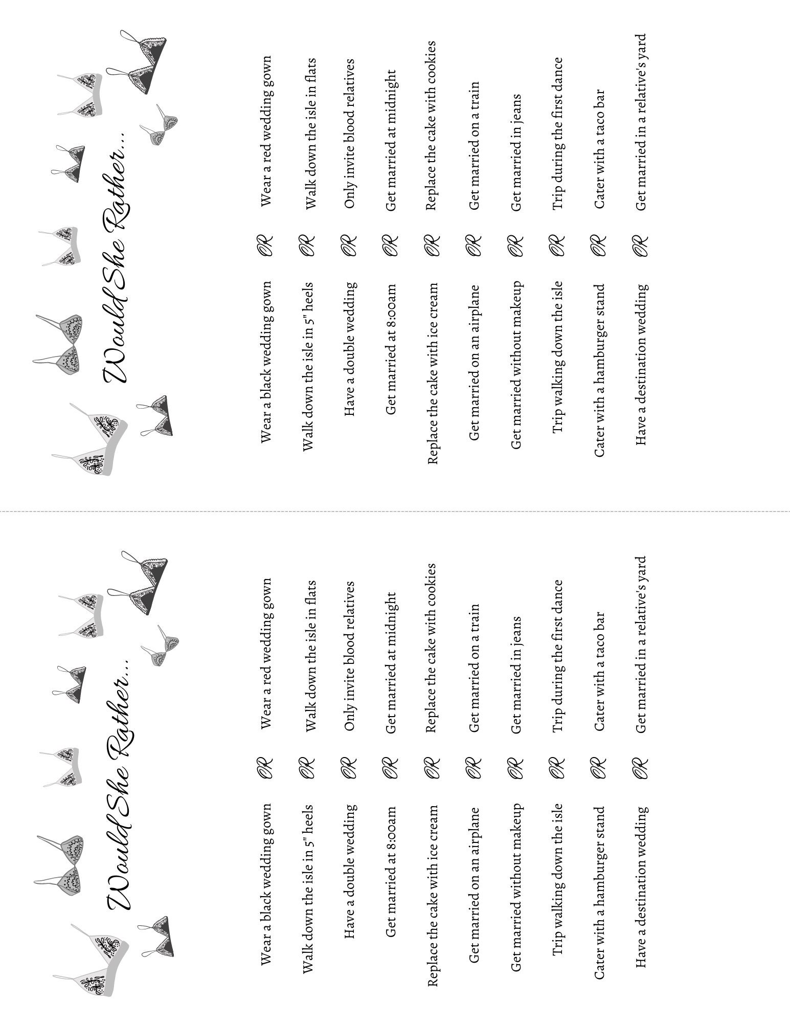 Would She Rather Lingerie Shower Game Printable Pdf Download Bra Theme